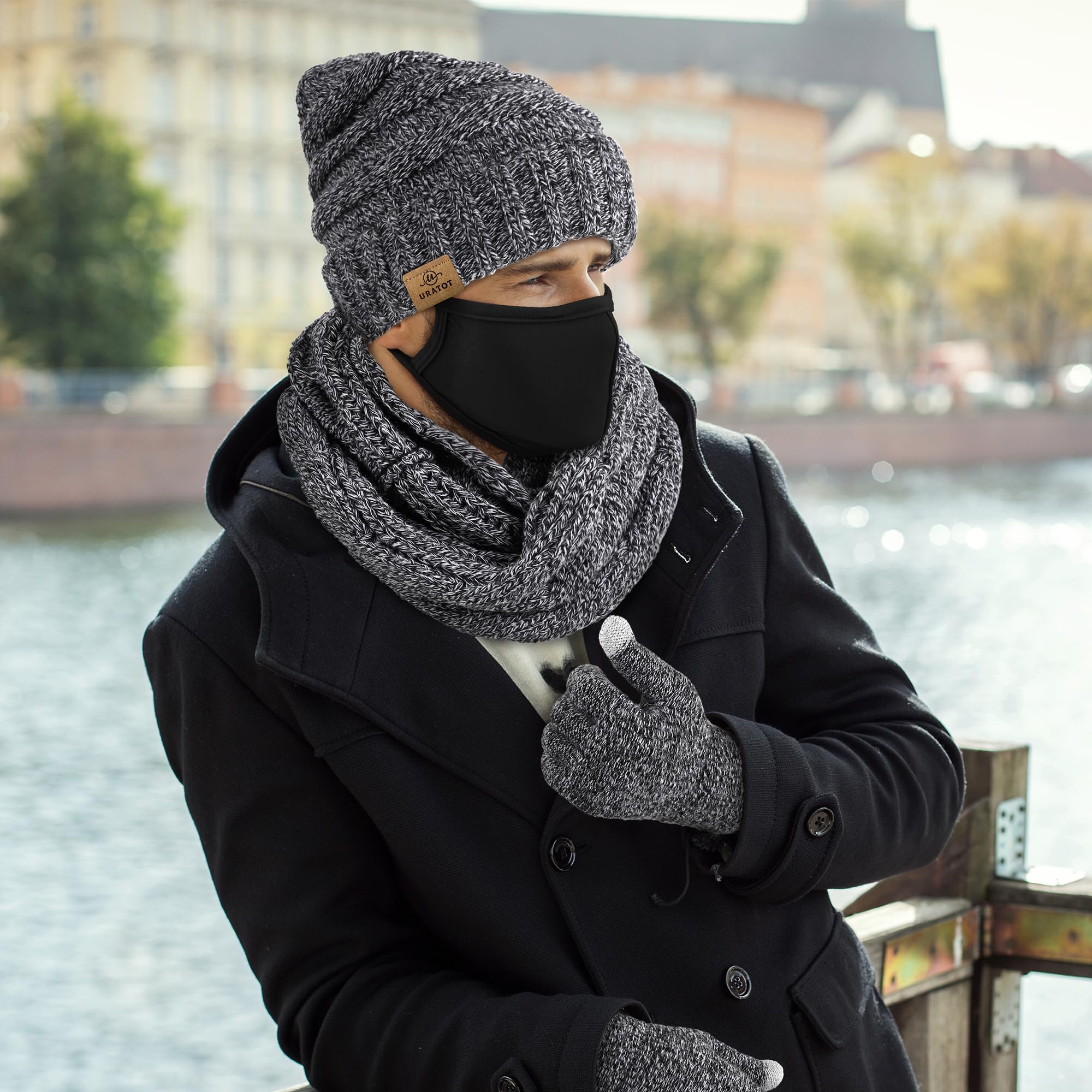 URATOT Winter Knitted Warm Set Infinity Scarf and Hat Touch Screen Gloves for Men and Women