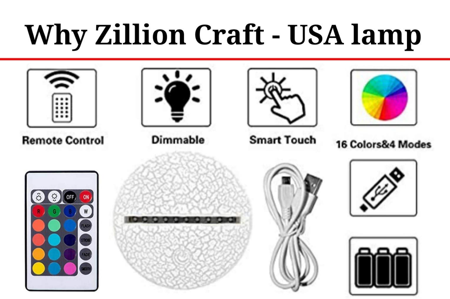 Z ZILLION CRAFT Night Light for Kids Bedroom. Remote Control Multi Color Mode 3D illusional lamp. Best Gift for Kids Birthday, Christmas. Easy use with USB Charging.