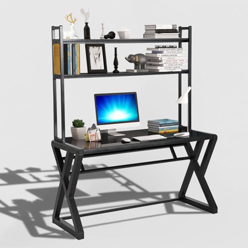 URRED Computer Desk with Shelves - Glass Top and Metal Frame Black Desk with 2 Tiers Shelves Modern Computer Desk with Storage Shelves for Home Office (55.1 inch+Shelves)