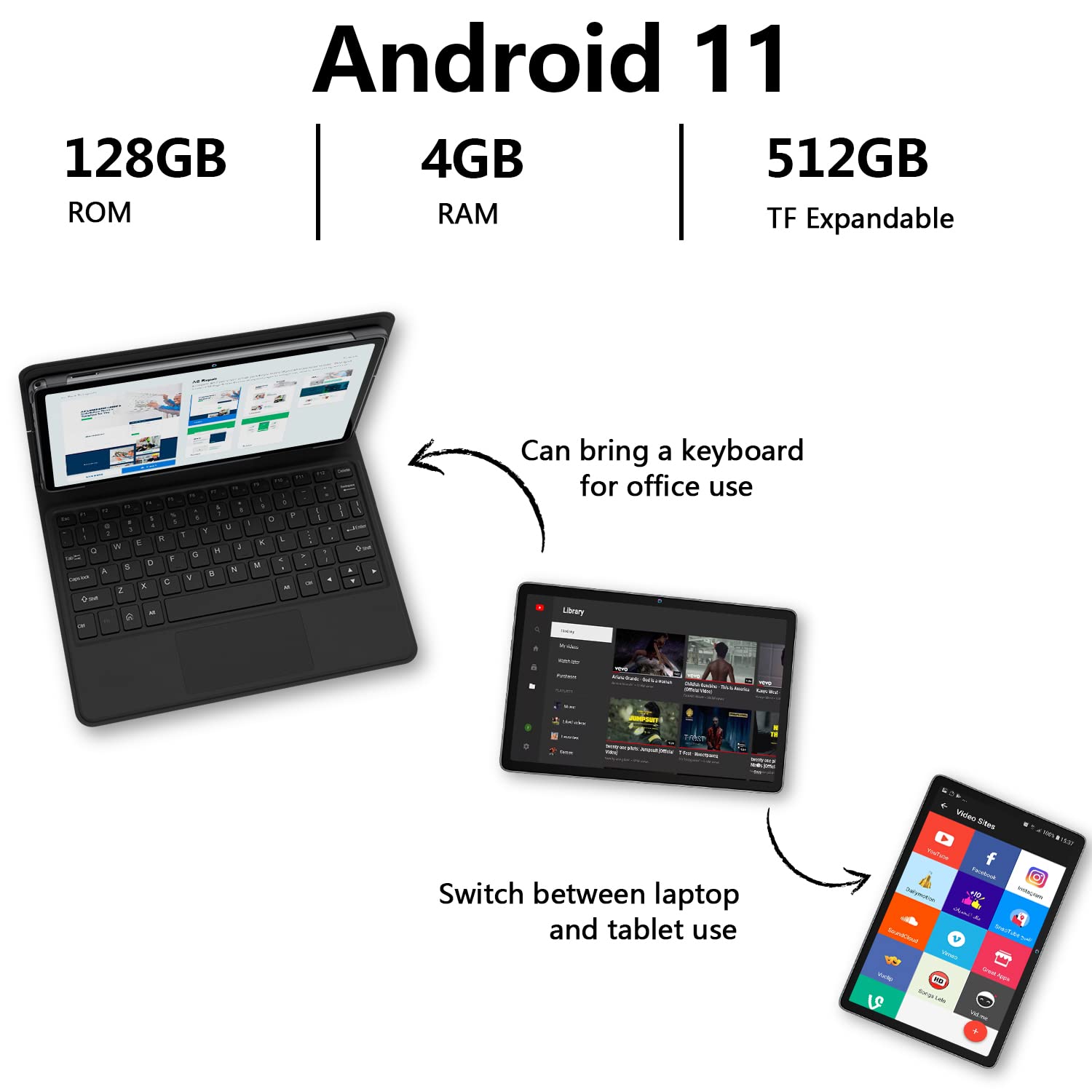 ZONKO 2 in 1 Tablet 10 inch 128GB/512GB Expand Storage 2.4G&5G WiFi Android Tablet PC with Octa Core Processor HD Touchscreen,13MP Dual Camera, GMS Tablet with Detachable Keyboard(5G WiFi Version)