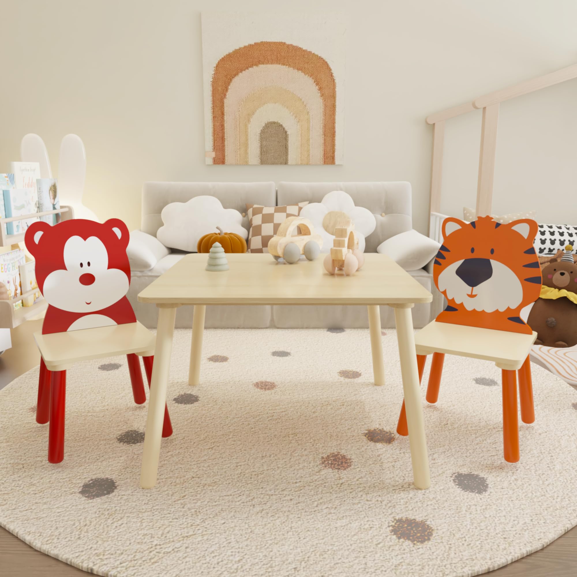 Zacis Kids Table and Chair Set, Wooden Toddler Table Set with 2 Chairs, Children Adorably Animal Activity Table for Reading, Drawing, Eating, Studying, Parent-Child Interaction Activity Play