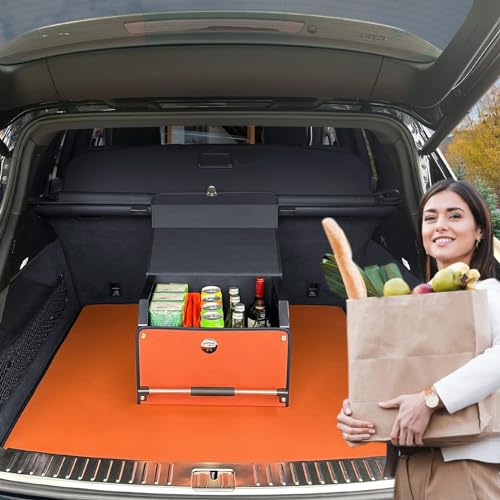 XCF Trunk Organizers for Suv, Collapsible Leather Car Trunk Organizer with Lid and Sturdy Handle for BMW Small Storage Box (11.4 x 16.9 x 12.2, Orange)