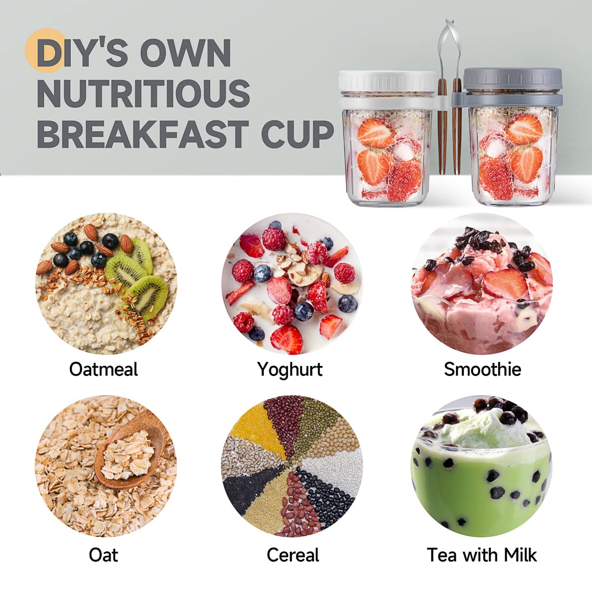 Wdcme 4 Pack Overnight Oats Containers with Lids and Spoons, 12 oz Glass Overnight Oats Jars, XZ02