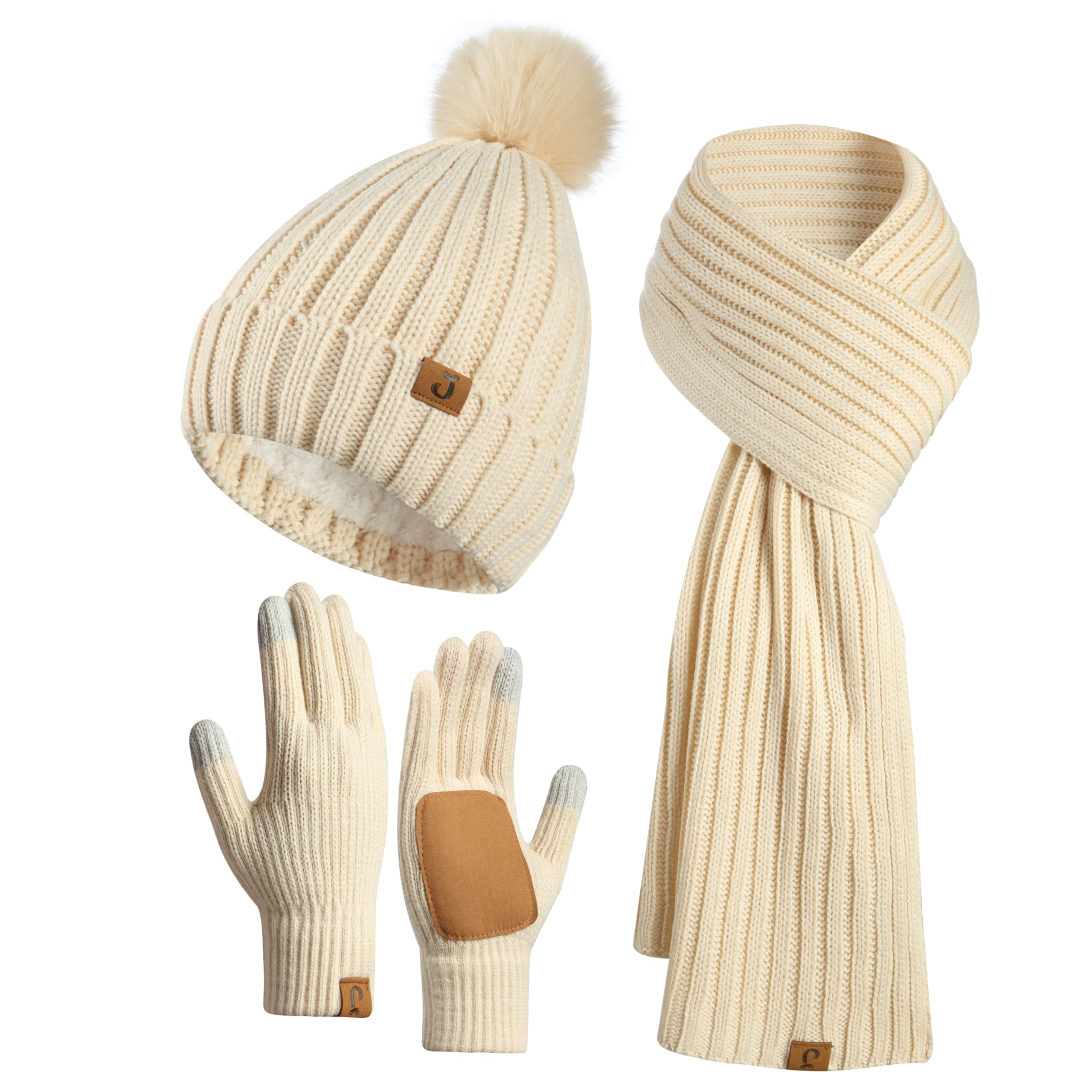 Winter Beanie Warm Hat Long Scarf Touchscreen Glove Set with Pom Pom Neck Warmer Scarves for Women (Brown)