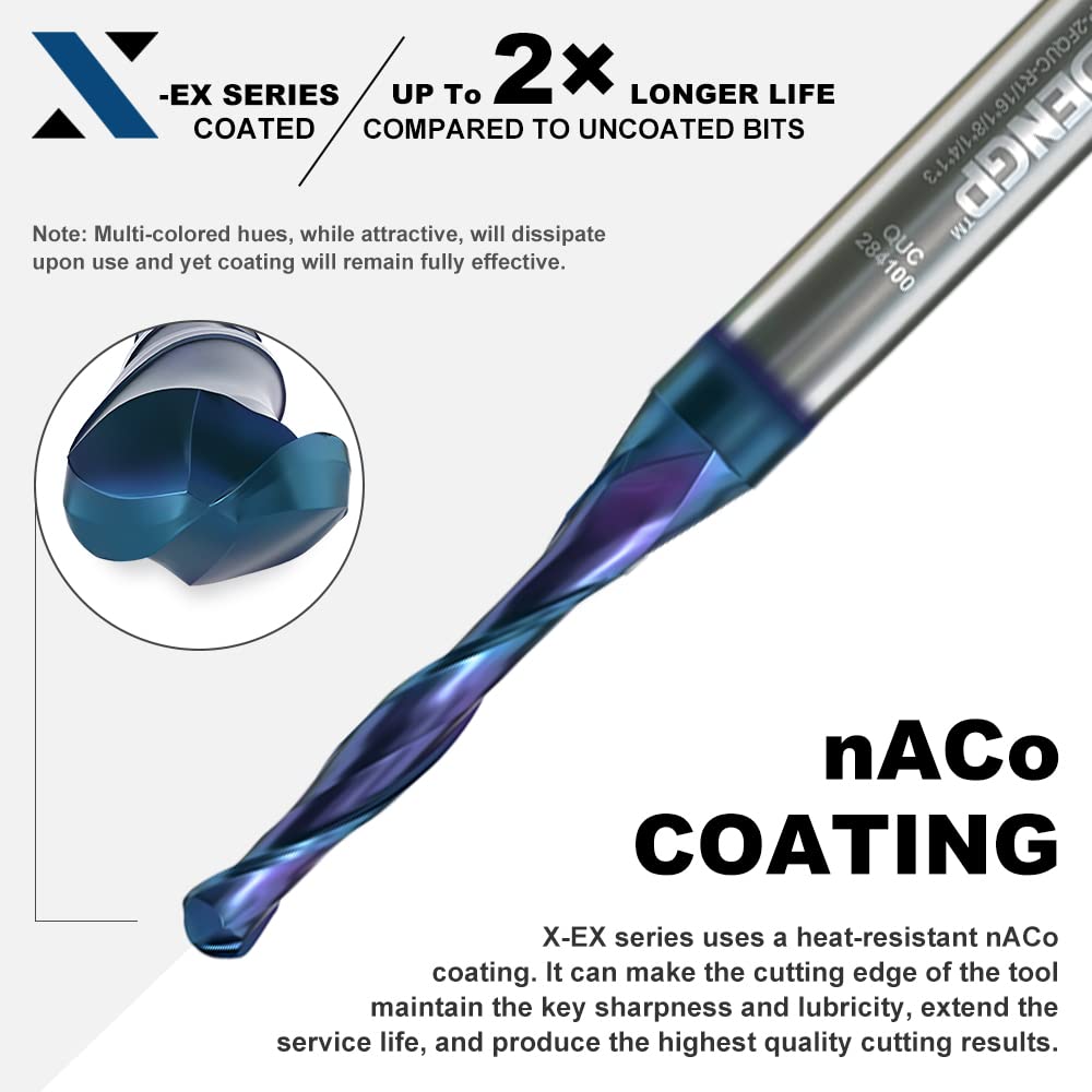 XDENGP Up Cut Ball Nose Router Bit for CNC, 1/8 inch Cutting Diameter and 1 inch Cutting Length 1/4 inch Shank with NACO Coated Carbide End Mill for Wood Side Milling End Milling, Finish Machining