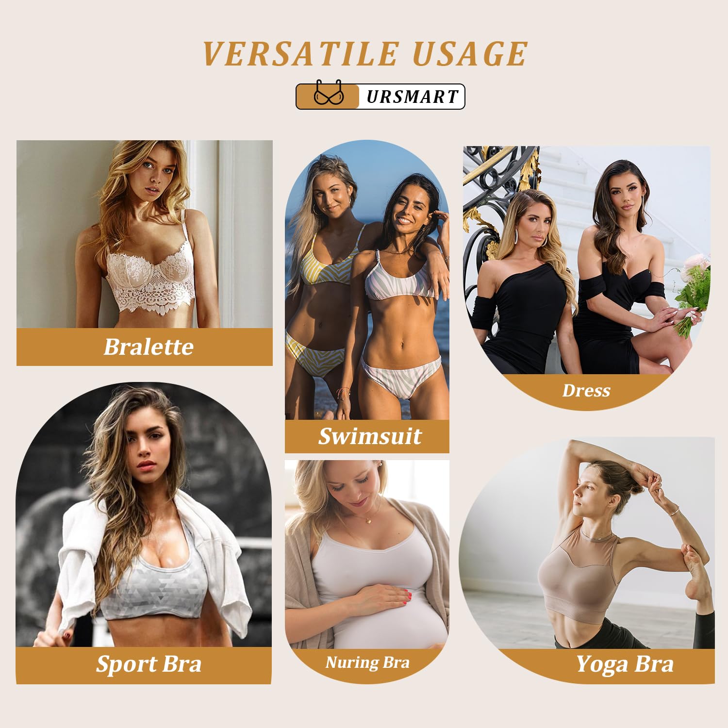 URSMART 6 Pairs Round Bra Inserts Pads, Removable and washable Bra Cups Inserts for Bikinis Top Swimsuit Sport Bra (A/B Beige)
