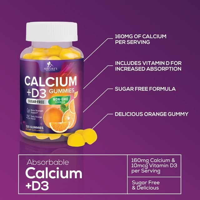 Sugar Free Calcium Gummy Bites Plus 400 IU Vitamin D3, Bone Health & Immune Support - Chewable Calcium Nutrition Supplement, Non-GMO, Orange Flavor Chews - 120 Gummies