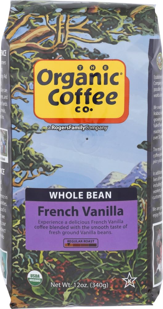 The Organic Coffee Co., French Vanilla- Whole Bean, 12 Ounce- 3 Pack, Flavored, USDA Organic