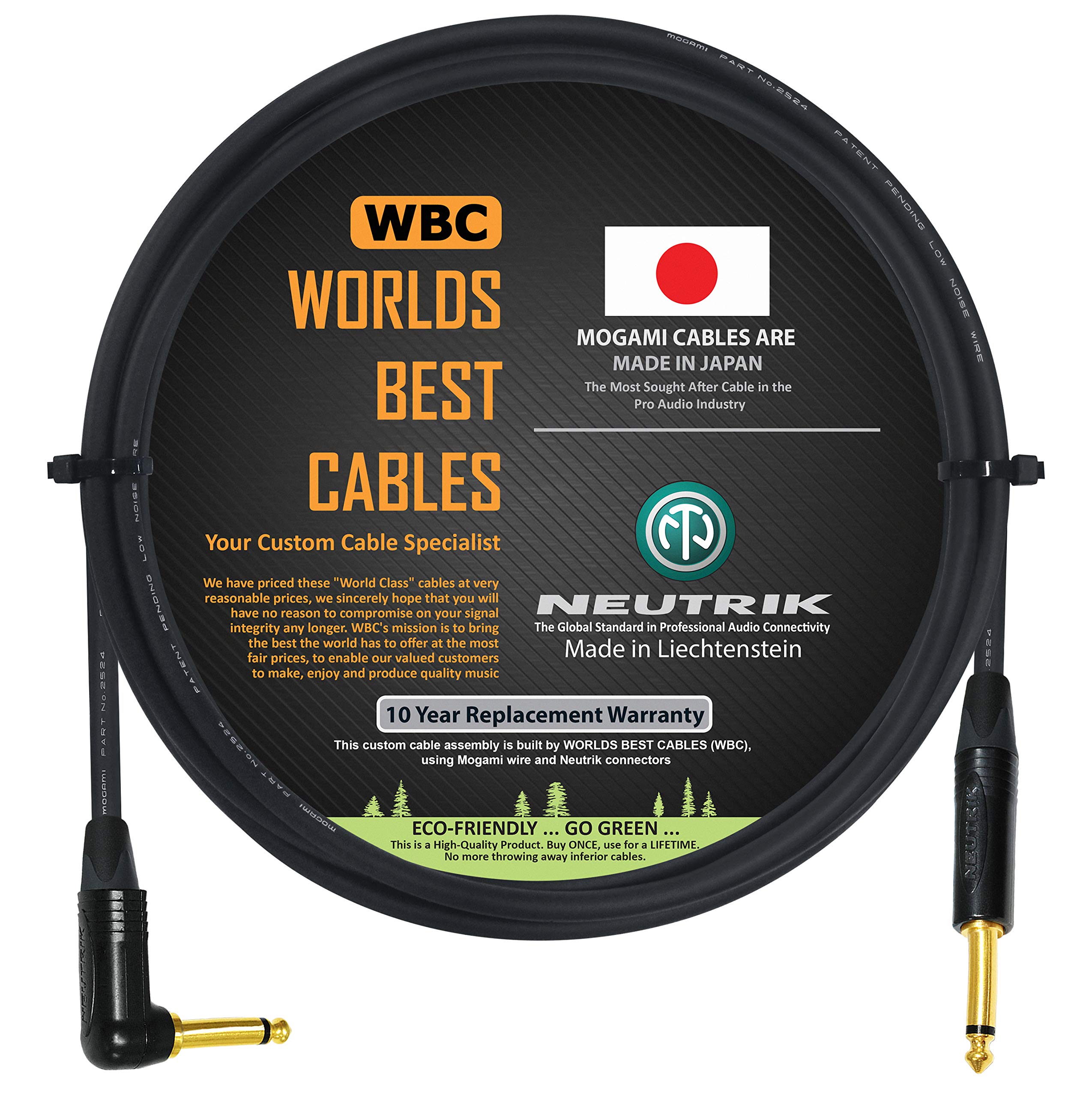 WORLDS BEST CABLES 6 Foot - Guitar Bass Instrument Cable CUSTOM MADE using Mogami 2524 wire and Neutrik NP2RX-B & NP2X-B Âź Inch (6.35mm) Gold TS Connectors