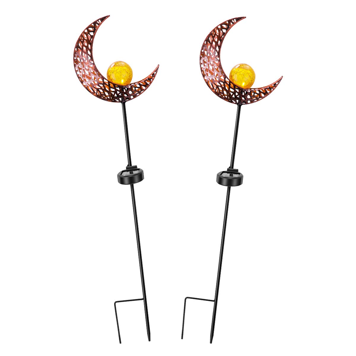 YUNLIGHTS Garden Solar Lights Pathway Outdoor Moon Crackle Glass Globe Stake Metal Lights,Waterproof Warm White LED for Lawn,Patio or Courtyard