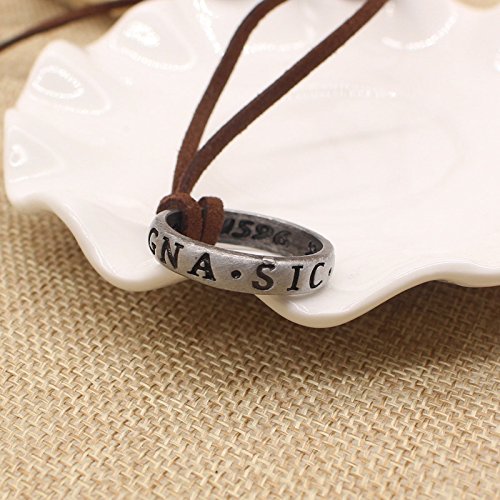 yihan jewelry Sterling Silver Plated Uncharted 4 Drake Engraved Ring Pendant Necklace,brown leather Chain