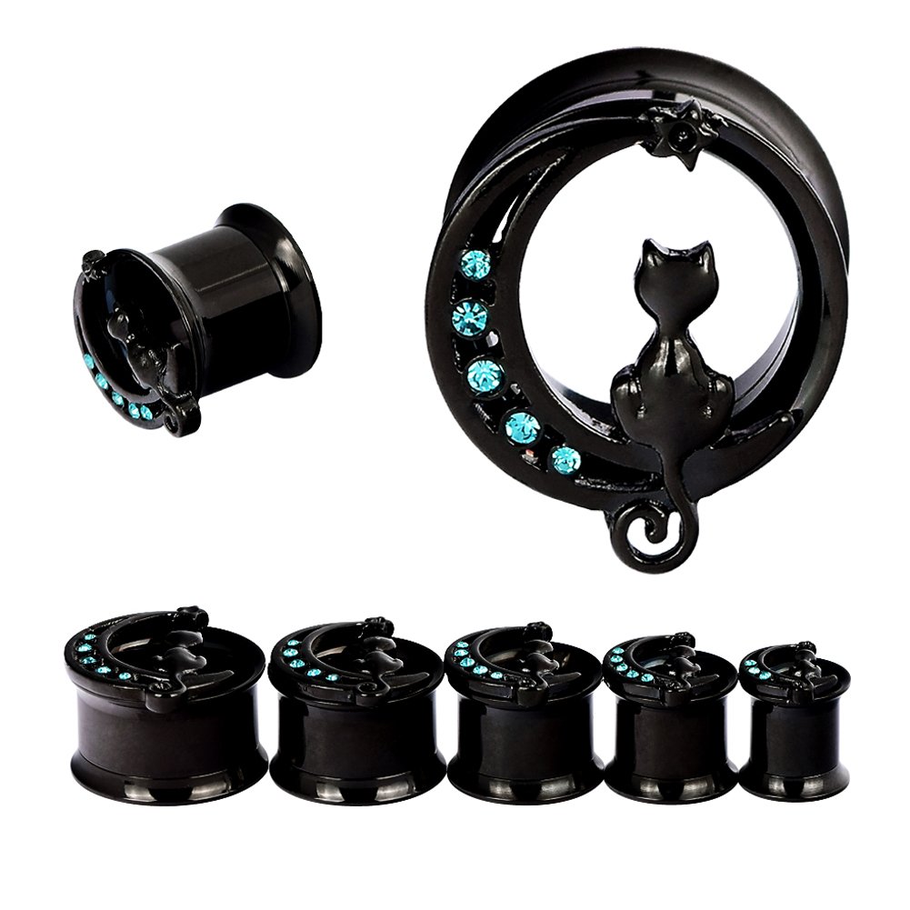 YOFANST Stainless Steel Black Cat on The Moon Ear Expander Piercing Tunnels Gauge 0g