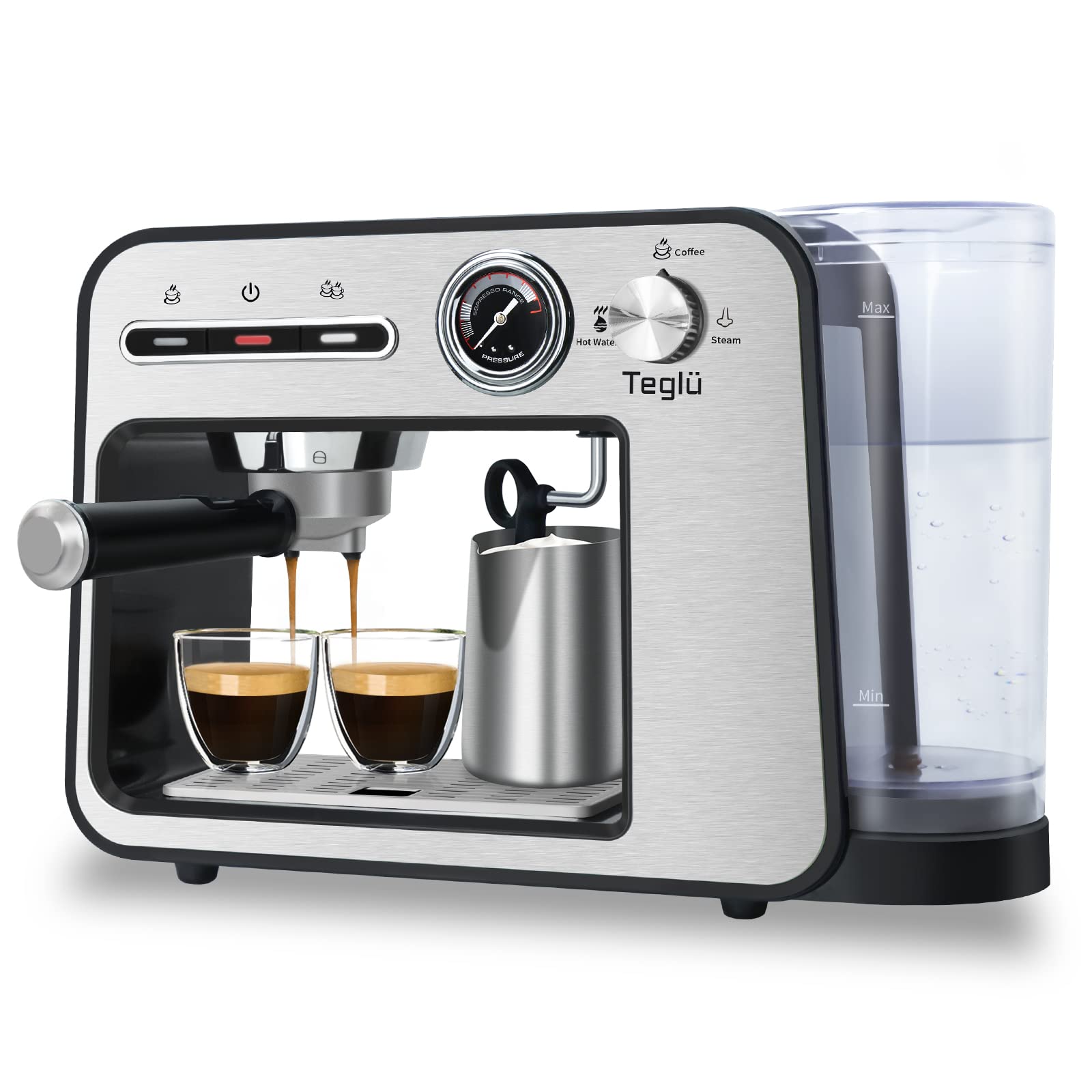 Teglu Espresso Machine 20 Bar with Milk Frother, Semi-Automatic Latte & Cappuccino Coffee Maker Duo-cup 33oz/1L Removable Water Tank for Home/Office, 1450W, ST-693B, Stainless Steel-Black