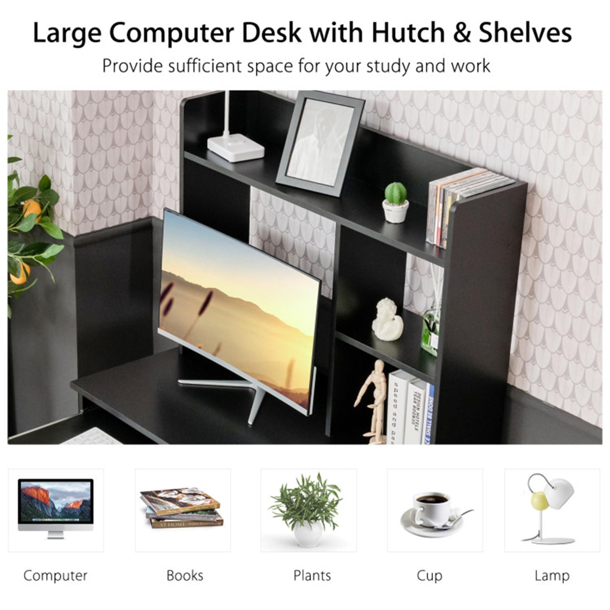 TUOCHUFUN Multipurpose Home Office Computer Writing Desk, Home Office Computer Desk with Bookcase Keyboard Tray and CPU Stand (Black)