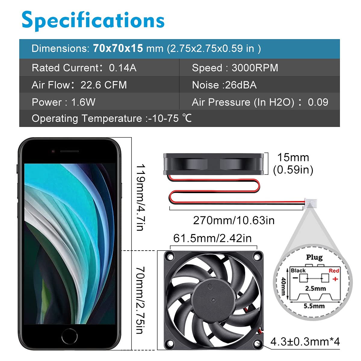 Wathai DC 12V Cooler Case Fan 70mm x 70mm x 15mm 2Pin Brushless Cooling Fan High Performance 2Pack