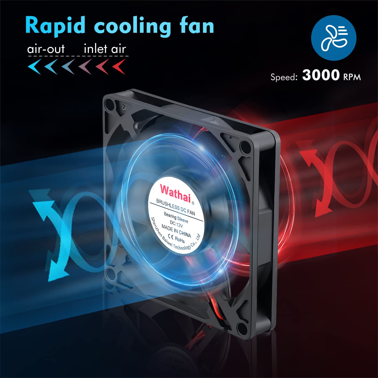 Wathai DC Brushless 12V Cooling Case Fan 80mm x 15mm 3'' 2Pin for Exhaust Replacement Part 2Pack