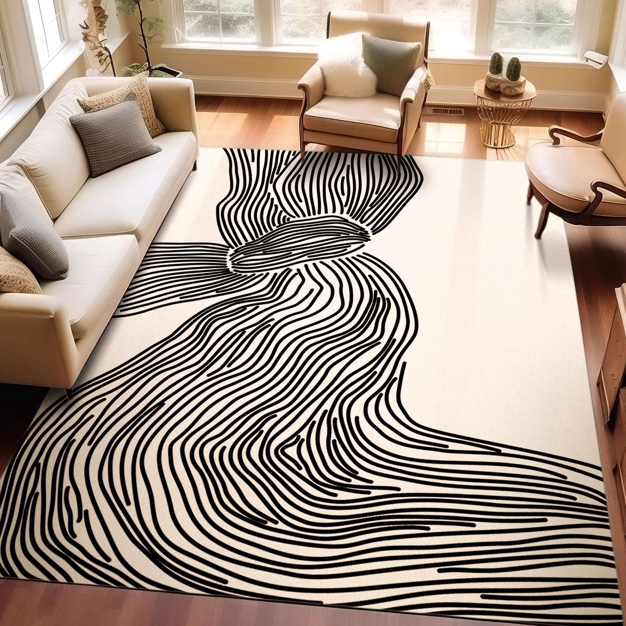 SunNewt Stain Resistant Washable Area Rug 8x10 Living Room Large Rugs Soft Faux Wool Non-Shedding Low-Pile Floor Carpet for Dining Laundry Room Bedroom Bed Side, Contemporary Striped