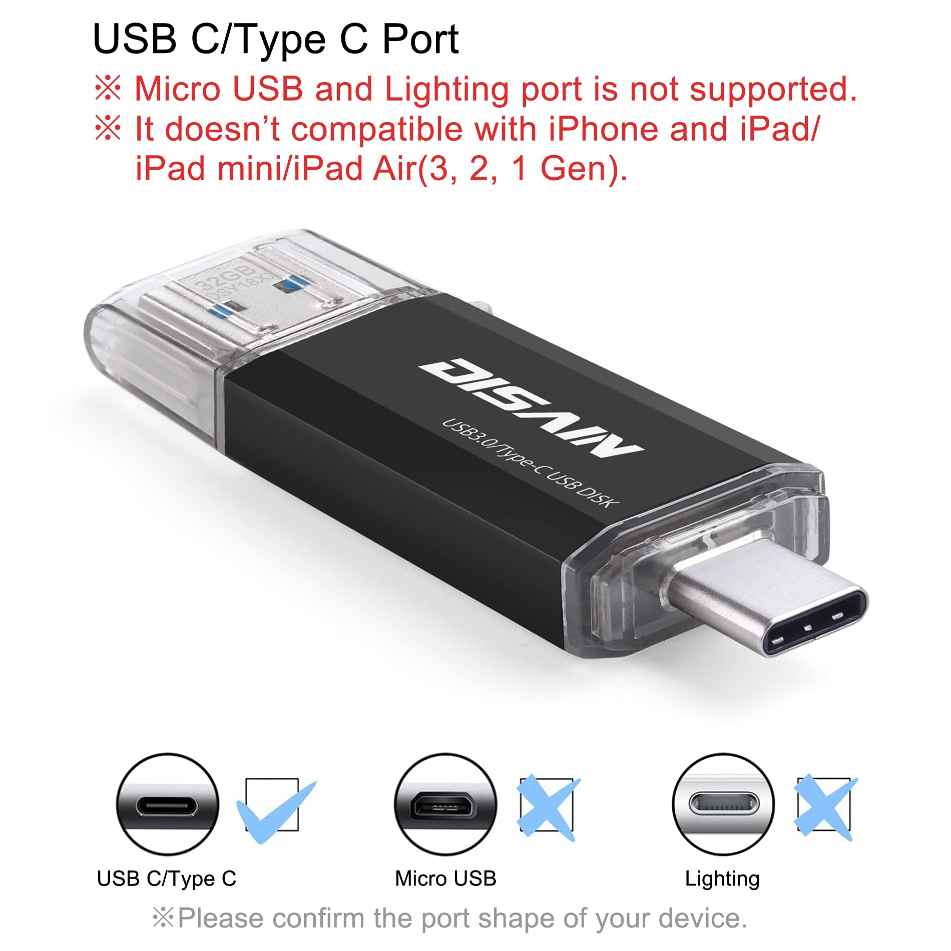 USB C Flash Drive, DISAIN 32GB USB C Thumb Drive (USB A 3.0/USB C 3.0), 2 in 1 USB C Memory Stick for Type C Smartphones, Tablets, PC