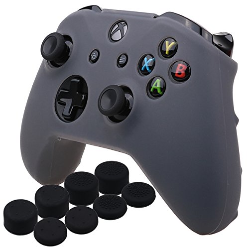 YoRHa Silicone Cover Skin Case for Microsoft Xbox One X & Xbox One S Controller x 1(Grey) with Pro Thumb Grips 8 Pieces