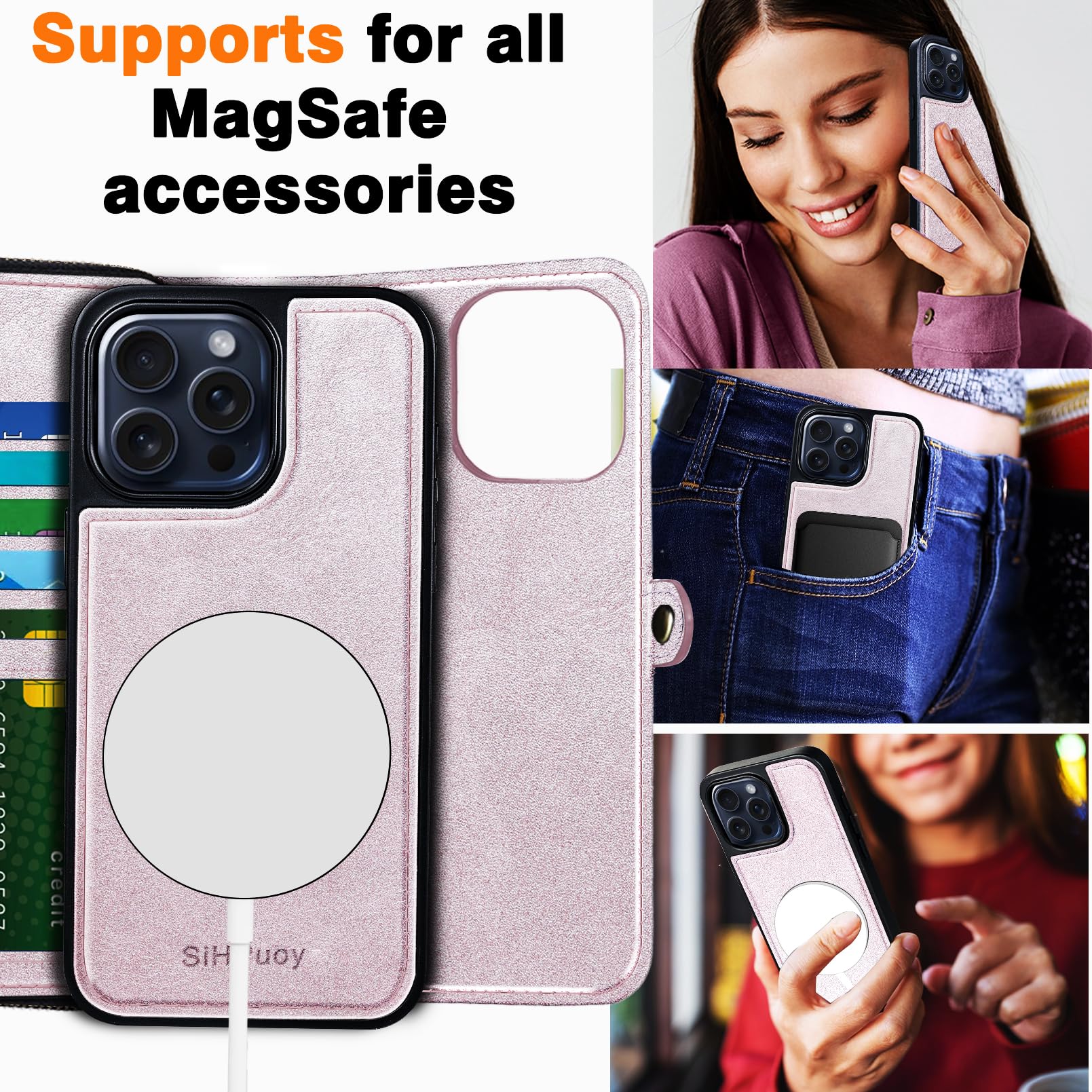 SiHPuoy Leather for Apple iPhone 15 Pro Max Wallet Case with Card Holder Kickstand, Phone Accessories for Woman Men Women, 2 Pack Screen Protector 2 Pack Camera Lens Cover, Black