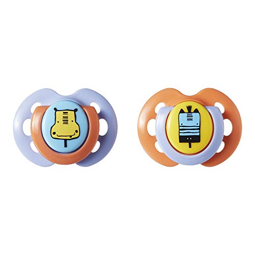 Tommee Tippee Fun Style Pacifiers, Symmetrical Design, BPA-Free Silicone Binkies, 0-6m, 2 Count, Colors and Designs Vary