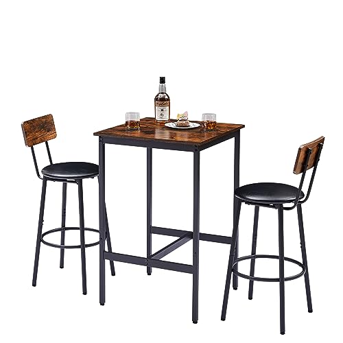 Tensun Bar Table and Chairs Set for 2, Sqaure Kitchen Table and Chairs with PU Soft Seat and Backrest, 3 Piece High Top Breakfast Dining Table Sets for Small Spaces, Kitchen and Bar, Rustic Brown