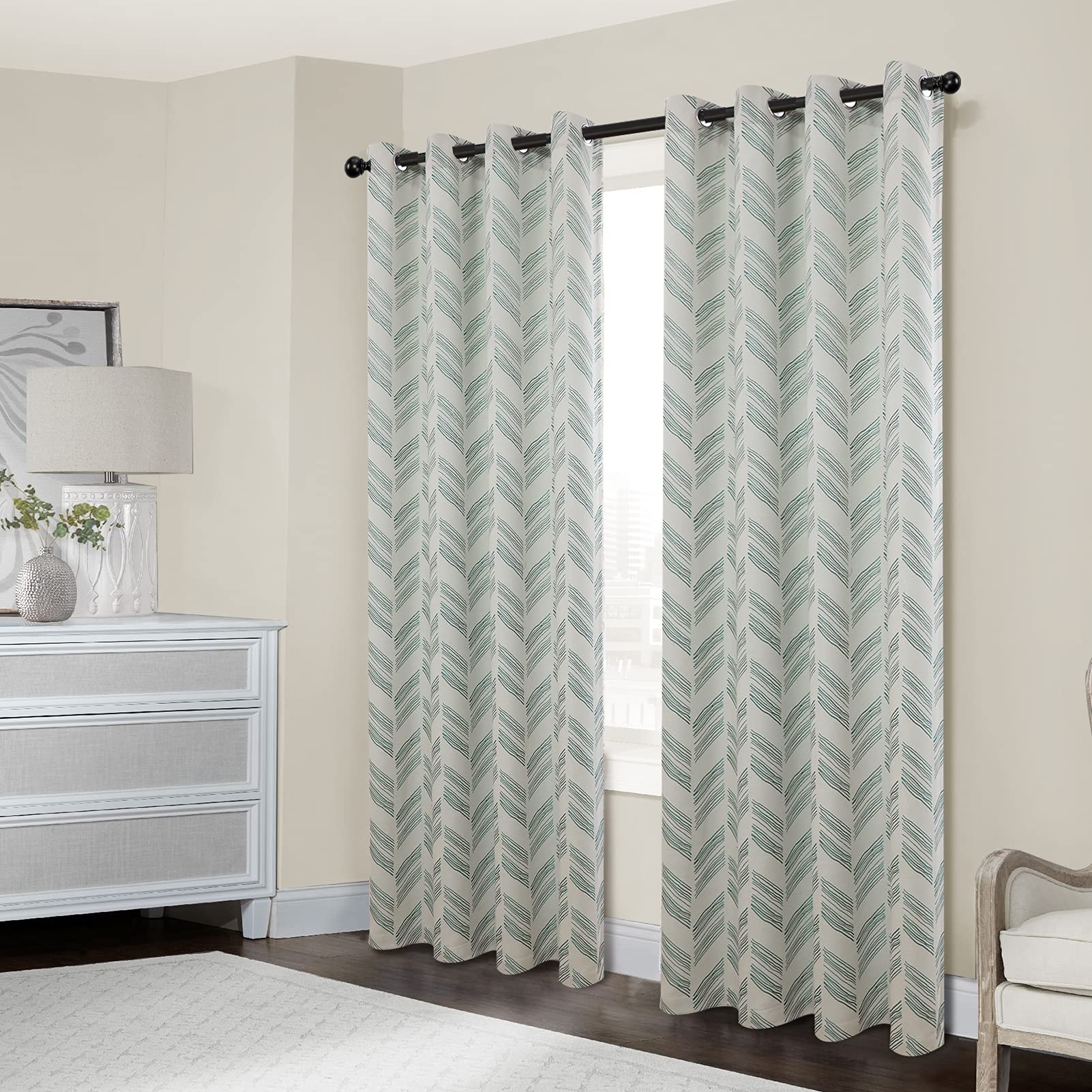 Vintage Jacquard Curtains 84 Inches Long for Bedroom Living Room Thermal Insulated Grommet Printed Curtain Drapes Primitive Linen Textured Burlap Effect Window Drapes 2 Panel - Blackish Green