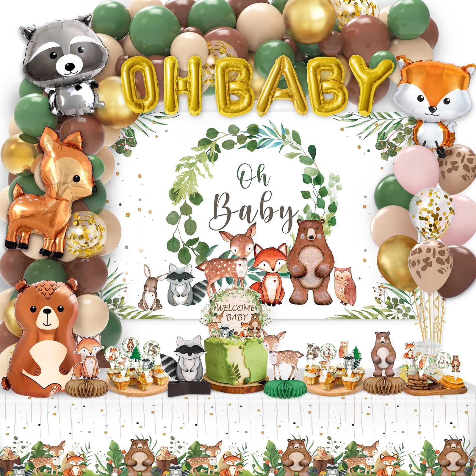Woodland Baby Shower Decorations Woodland Animals Decoration Forest Animal Neutral Gender Reveal Party Supplies Balloons Backdrop Cake Topper Tablecloth, 84 Pcs Woodland Themed Birthday Party Decor
