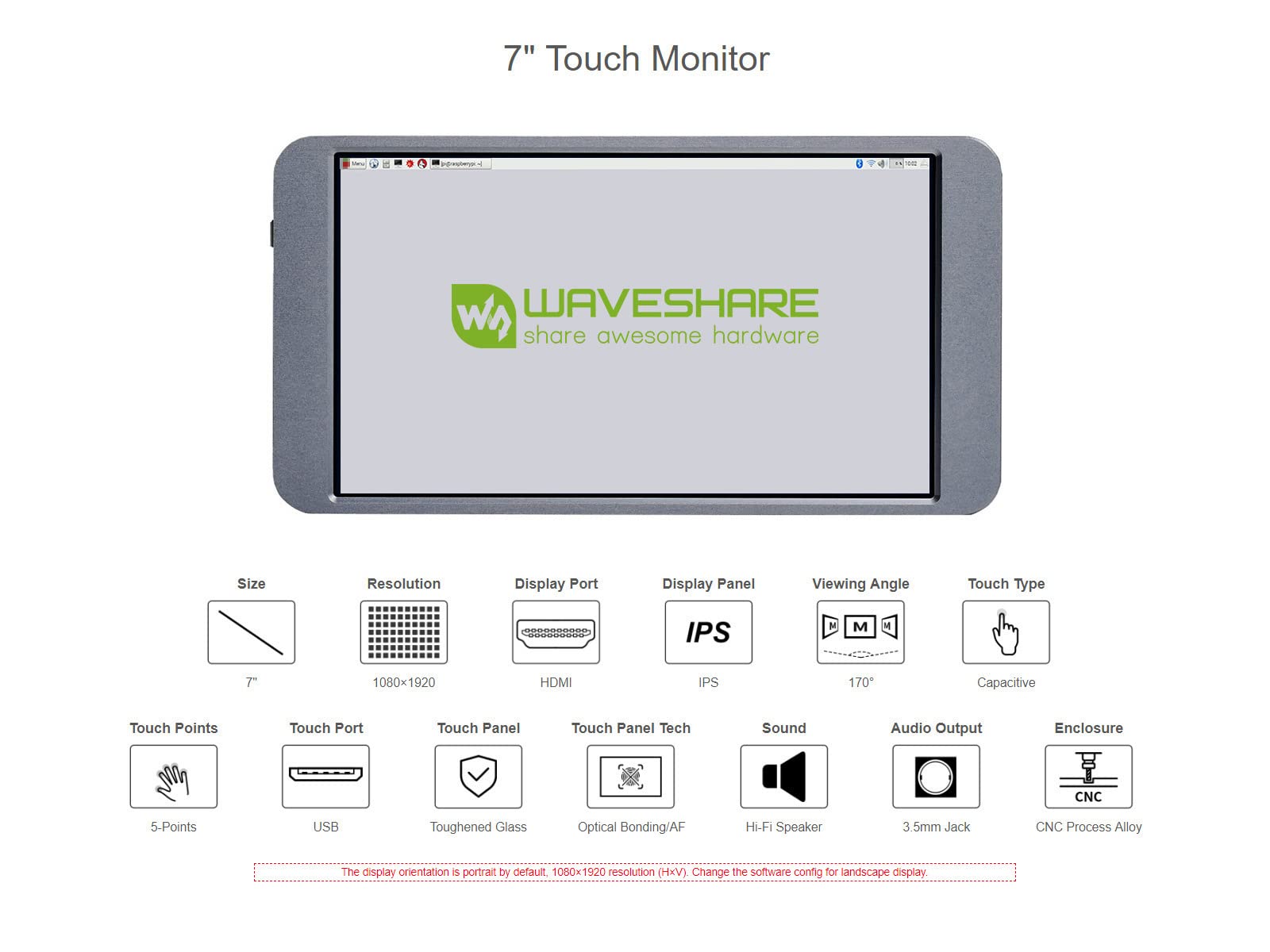 waveshare 7inch Universal Portable Touch Monitor with HDMI Port 1080×1920 Full HD IPS Screen Optical Bonding/AF Coating Toughen Glass Panel Support Raspberry Pi Jetson Nano PC