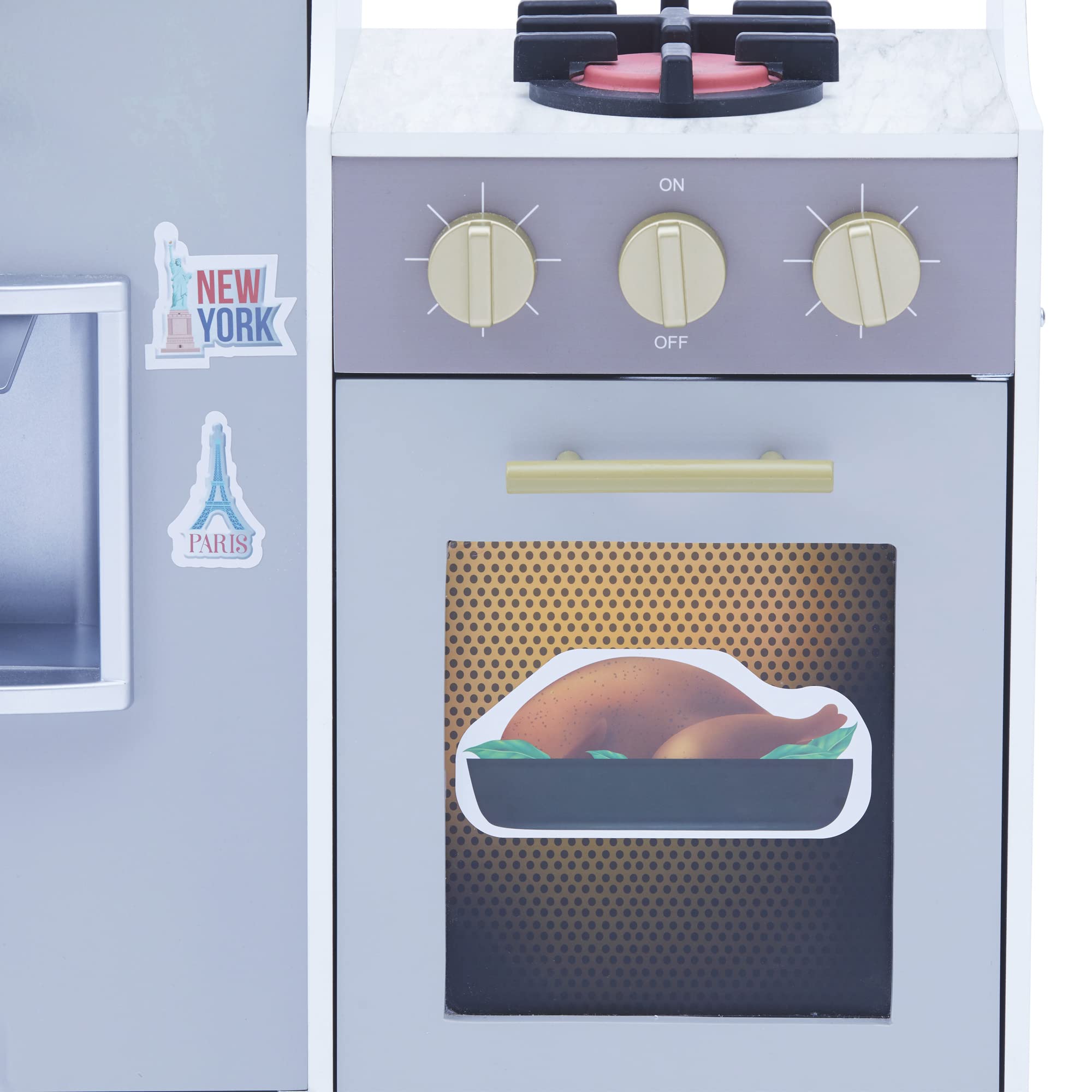 Teamson Kids Little Chef Lyon Modern Interactive Wooden Play Kitchen with Refrigerator, Sink, Oven, Microwave, Hydroponic Garden and Storage Space for Easy Clean Up, Gray with Brass Accents