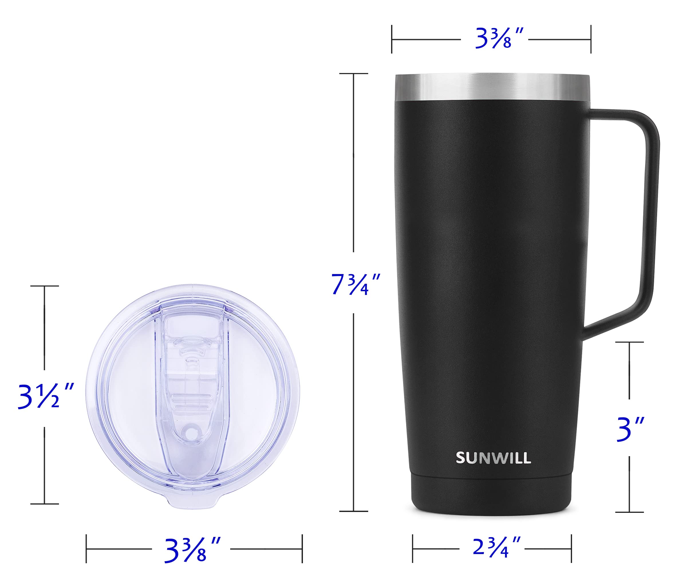 SUNWILL Travel Coffee Mug With Handle, Insulated Coffee Tumbler With Lid 24oz, Double Wall Stainless Steel Thermal Coffee Cup, Powder Coated Black