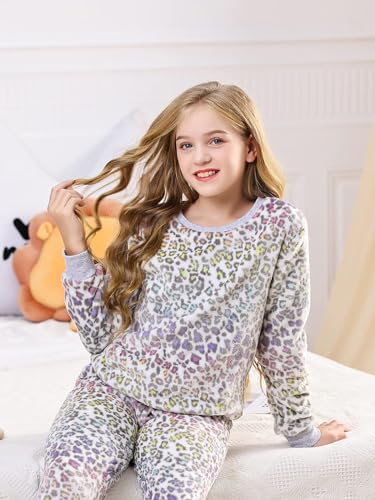 V.&GRIN Girls Fleece Pajamas, Soft Cozy Pullover Sweatshirt Pants Set for Kids 7-16 Years(Leopard 7-8)
