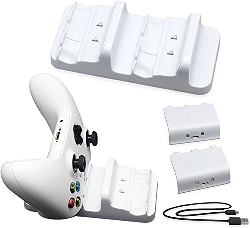 Xbox One Controller Charger, Joso Rechargeable Docking Station Charge Dock with with 2 x 300mAh Battery Packs for Microsoft Xbox One, Xbox One S, Xbox One X, Xbox One Elite Controller β White