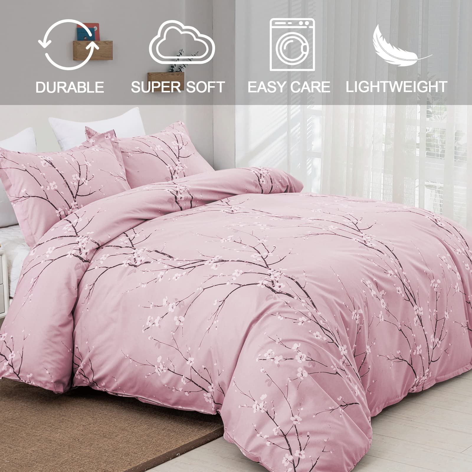WONGS BEDDING Pink Floral Duvet Cover Set Queen, Reversible Flower Plum Blossom Printed Comforter Cover Set with 2 Pillowcases 3 Pieces Bedding Set Soft Microfiber Queen Size 90"x90"(Not Comforter)