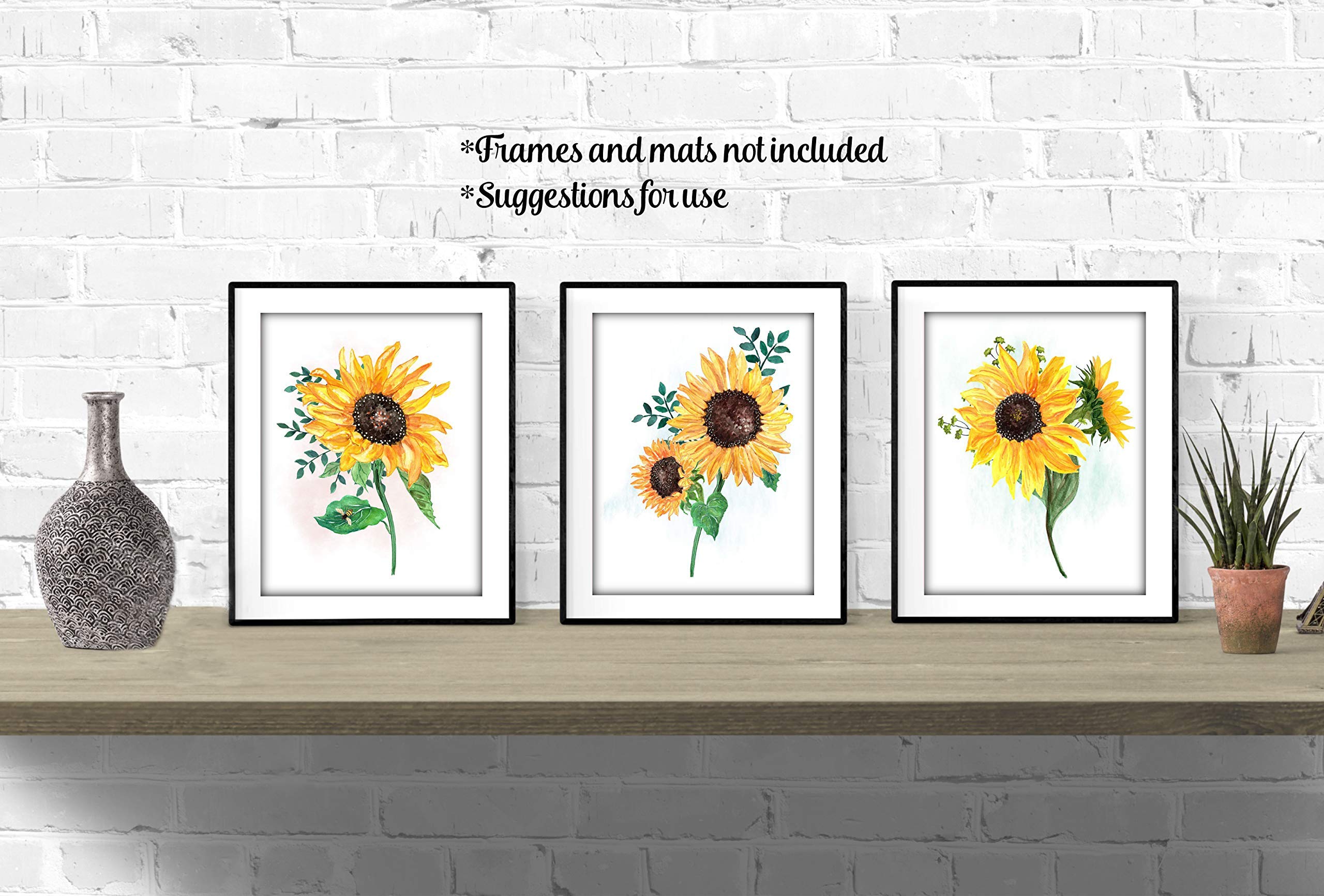 Sunflower Wall Art - Botanical Prints Wall Decor - Watercolor - Set of 3-8x10 - Unframed