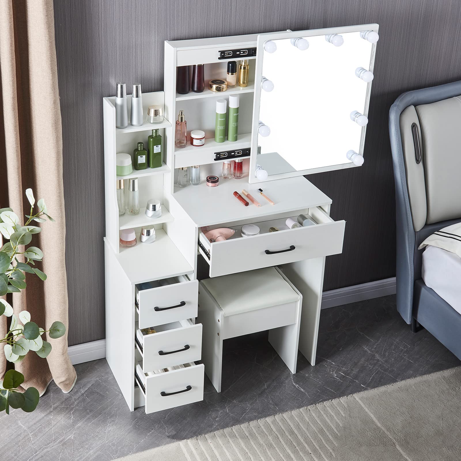 White Makeup Vanity Table with Mirror and Lights, Vanity Desk with 4 Drawers and Shelves Lots Storage, 3 Lighting Modes Dressing Table for Mother Daughter