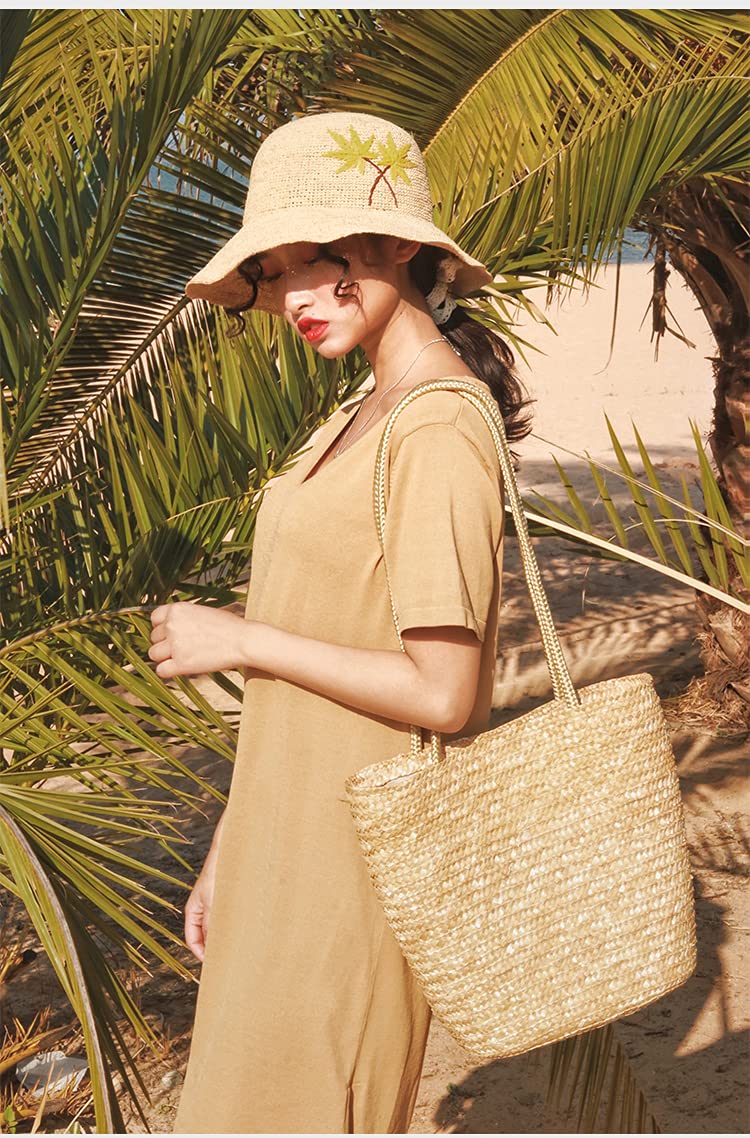TONWHAR® Simple Elegant Straw Woven Beach Tote Bag Purse (Natural Color)