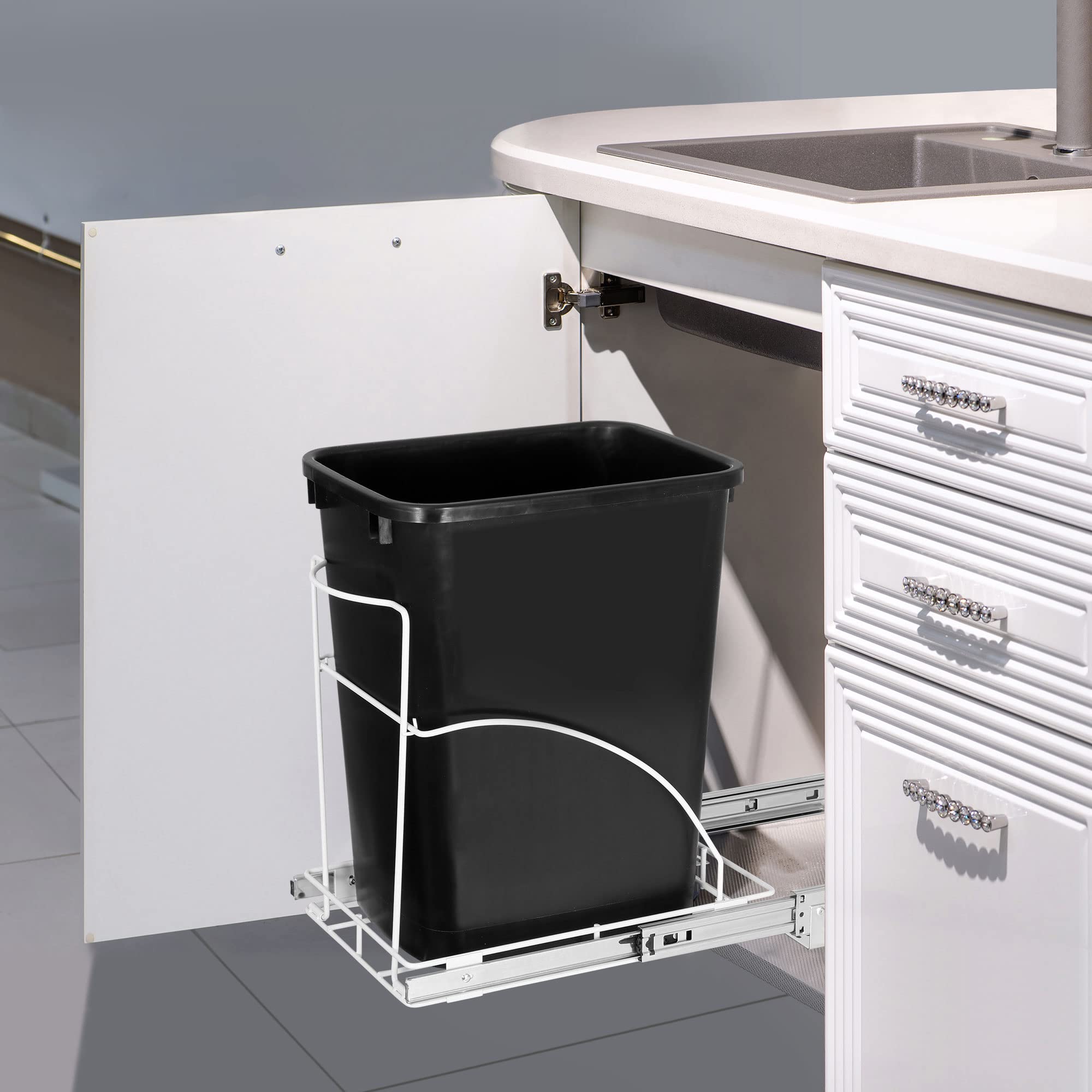 SUPER DEAL Single 35 Quart Kitchen Cabinet Pull-Out Trash Can Waste Bin Container with Rear Storage and Chrome-Plated Wire Bottom Mount Under Sink Garbage Recycling Bins, 29 Liter Capacity Black