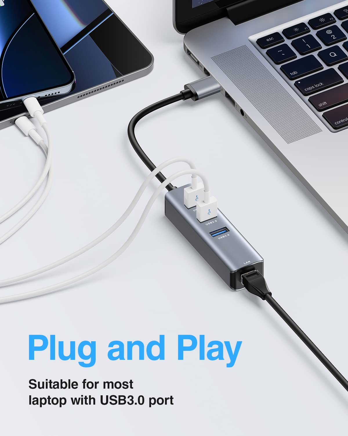 USB to Ethernet Adapter, cakitte RJ45 10/100/1000 Gigabit Ethernet Network Adapter with 3-Port USB 3.0, Compatible for MacBook pro/air, Hp/Dell/Surface pro and Other USB-A Laptop