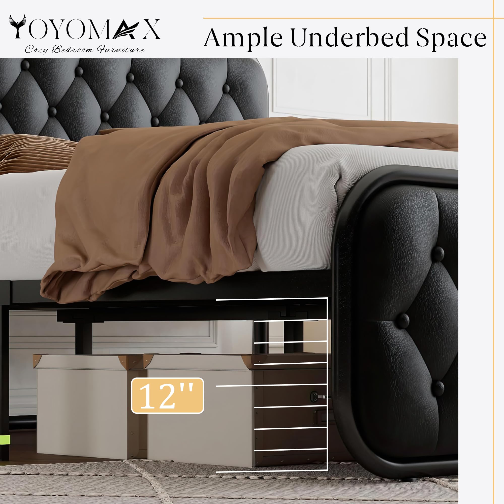 yoyomax Queen Size Bed Frame - Sturdy and Heavy Duty Bed Frame with Stylish Faux Leather Headboard, Noise-Free for Comfort and Support (Black)