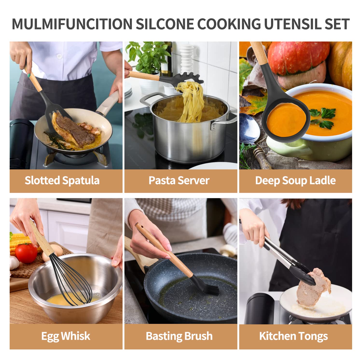 Silicone Kitchen Cooking Utensils Set - 33pcs Heat Resistant Kitchen Utensils Spatula Serving Spoons Set with Wooden Handle, Kitchen Essentials Gadgets w Holder for Nonstick Cookware Dishwasher Safe