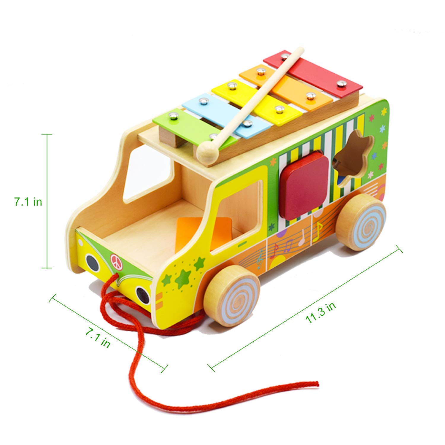 Wooden Shape Sorter - Shape Sorter for 1 Year Old Boys & Girls - Learning Educational Baby Shape Sorter Bus - Push & Pull Toy with Xylophone for 1 Year Old