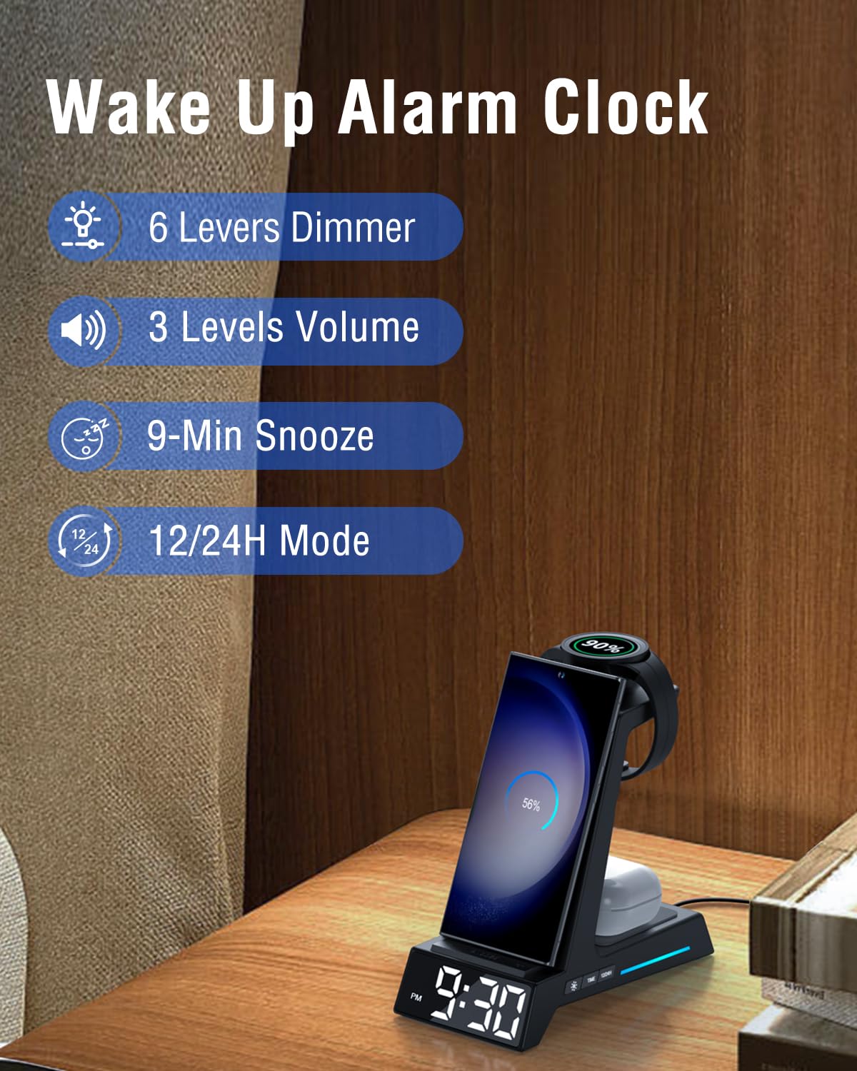Welgo Wireless Charger for Samsung with Alarm Clock, 4 in 1 Charging Station for Samsung S23 Ultra/S22/Note 10/Z Fold4/Z Flip4/iPhone, for Galaxy Watch 5 Pro/4/3 & Samsung Galaxy Buds