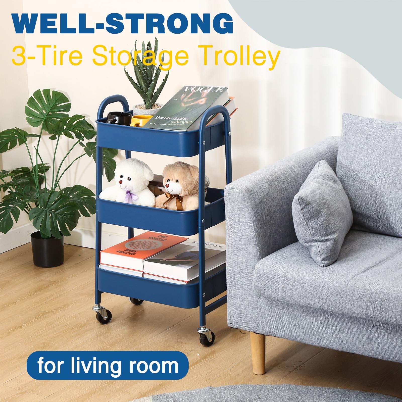 WELL-STRONG Metal Storage Trolley - 3-Tier Rolling Cart with Lockable Wheels - Multi-Purpose Utility Cart with Handle - Mobile Shelving Organizer for Bathroom, Office, Kitchen, Bedroom Navy Blue