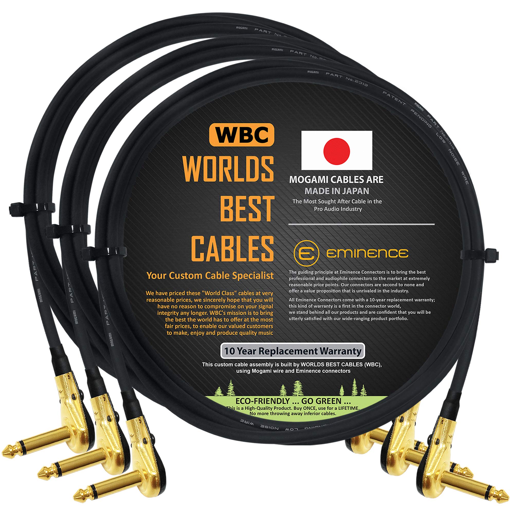 WORLDS BEST CABLES 3 Units - 2 Foot - Pedal, Effects, Patch, Instrument Cable Custom Made Made Using Mogami 2319 Wire and Eminence Gold Plated ¼ inch (6.35mm) R/A Pancake Type Connectors