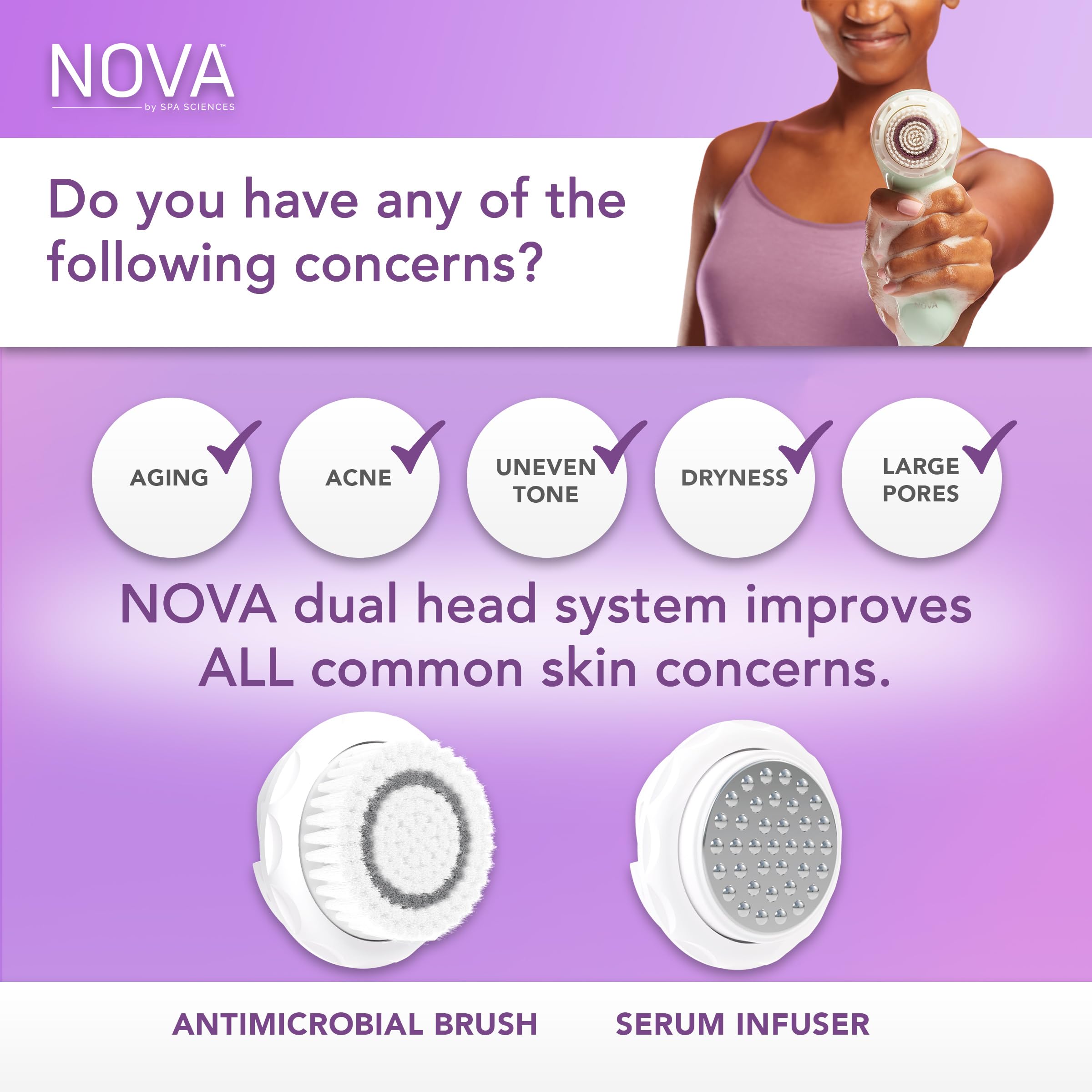 Spa Sciences - NOVA - Sonic Cleansing Brush with Bristles & Infusion System β Anti-Aging Facial Exfoliating, Waterproof, and USB Rechargeable