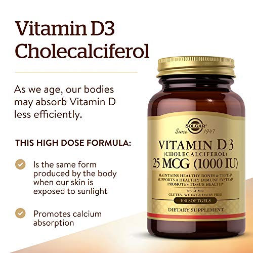 Solgar Vitamin D3 (Cholecalciferol) 25 mcg (1000 IU), 100 Softgels - Helps Maintain Healthy Bones & Teeth - Immune System Support - Non-GMO, Gluten Free, Dairy Free - 100 Servings