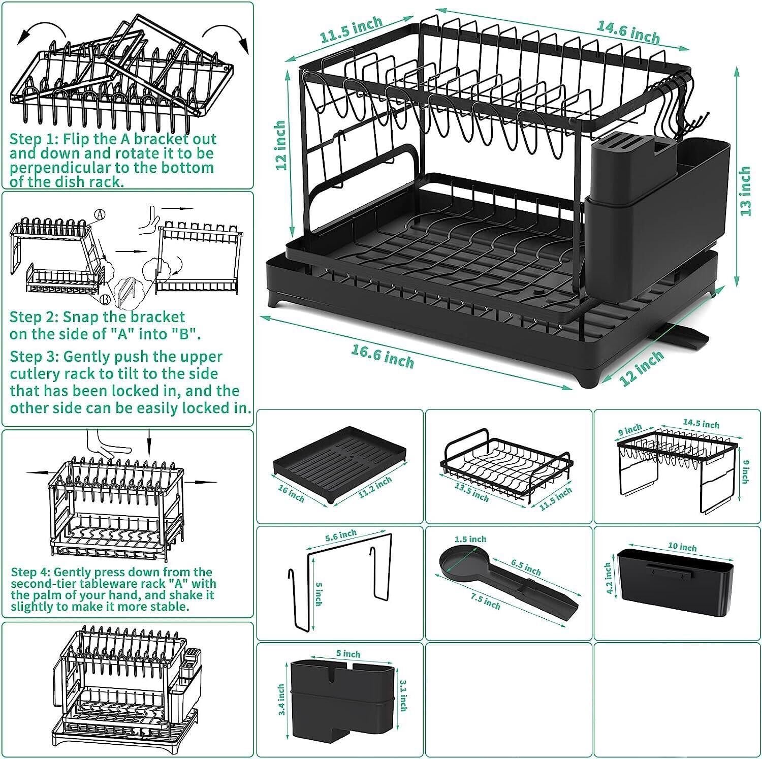 ZHIDENGWJ Stainless Steel Dish Drying Rack with Drainboard Set,2 Tier Large Dish Racks for Kitchen Counter, Detachable 2-in-1 Large Black Capacity Dish Drainer Organizer for Kitchen Counter