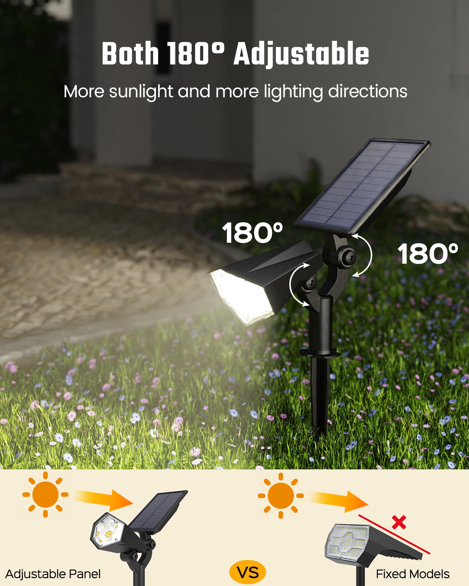 SUPERDANNY Solar Spot Lights Outdoor, 180° Adjustable Solar Lights for Outside Garden, 4 Modes 3000K/6000K, IP65 Waterproof, LED Solar Powered Landscape Lighting for Yard, Pathway, 2 Pack