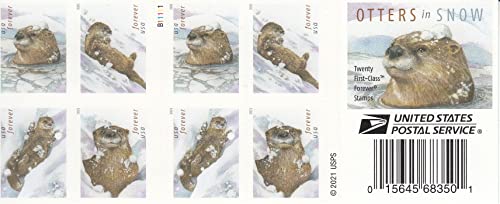 USPS 2021 Otters in Snow Forever First Class Postage Stamps Playful Theme, Winter, Holiday, Invitations, Animal Lover, (1 Booklet of 20 Stamps)